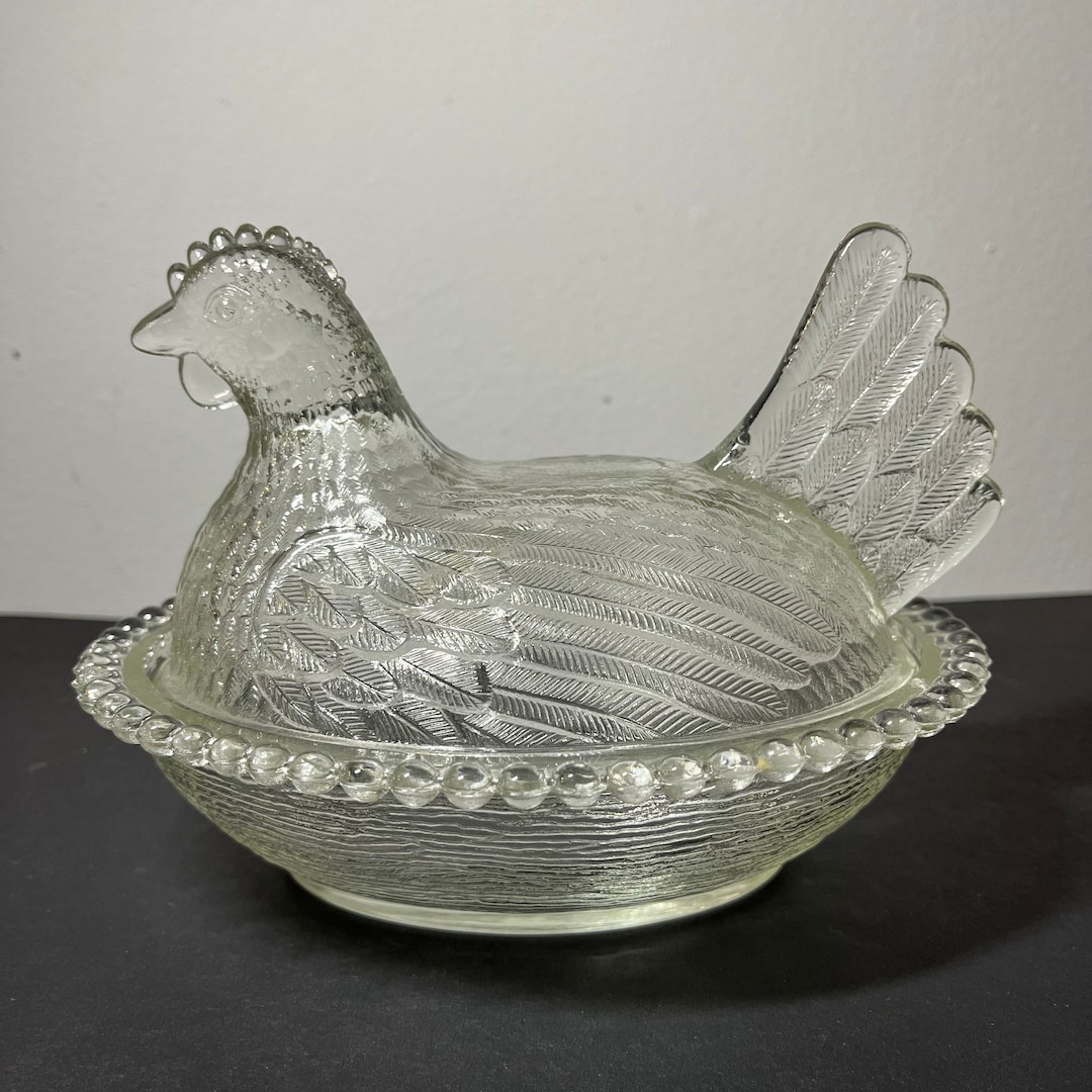 Indiana Glass Chicken Dish Hen on Nest 1960s Collectible Glass Candy ...