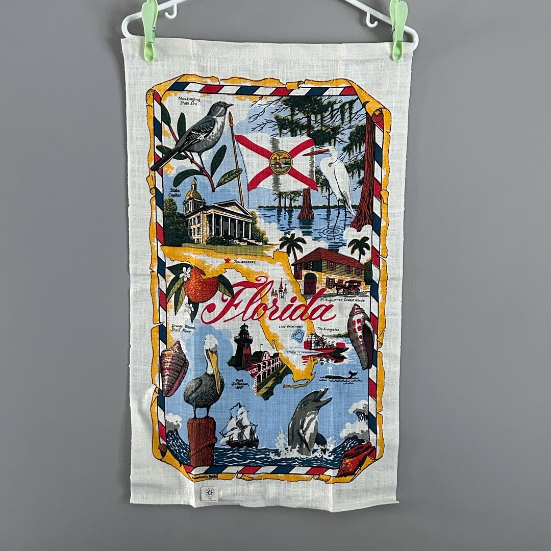 Vintage Florida Landmarks and Animals Souvenir Tea Towel 100% Linen ...