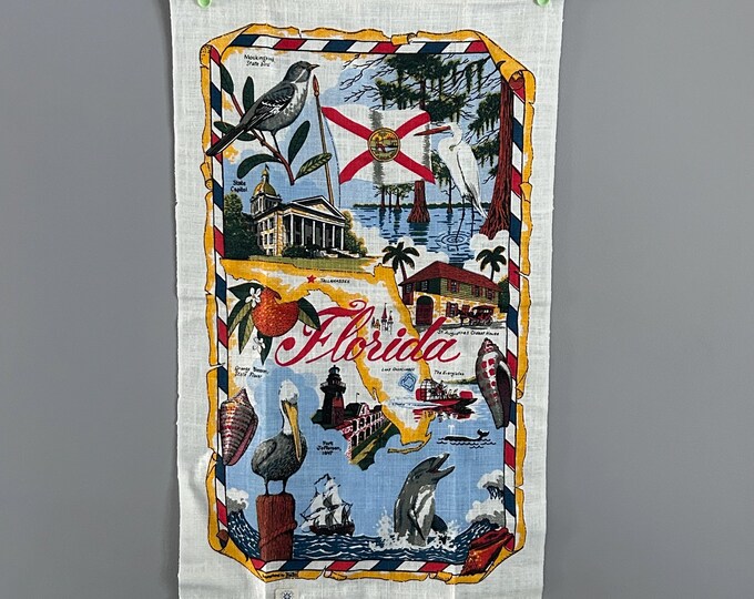 Vintage Florida Landmarks and Animals Souvenir Tea Towel 100% Linen ...