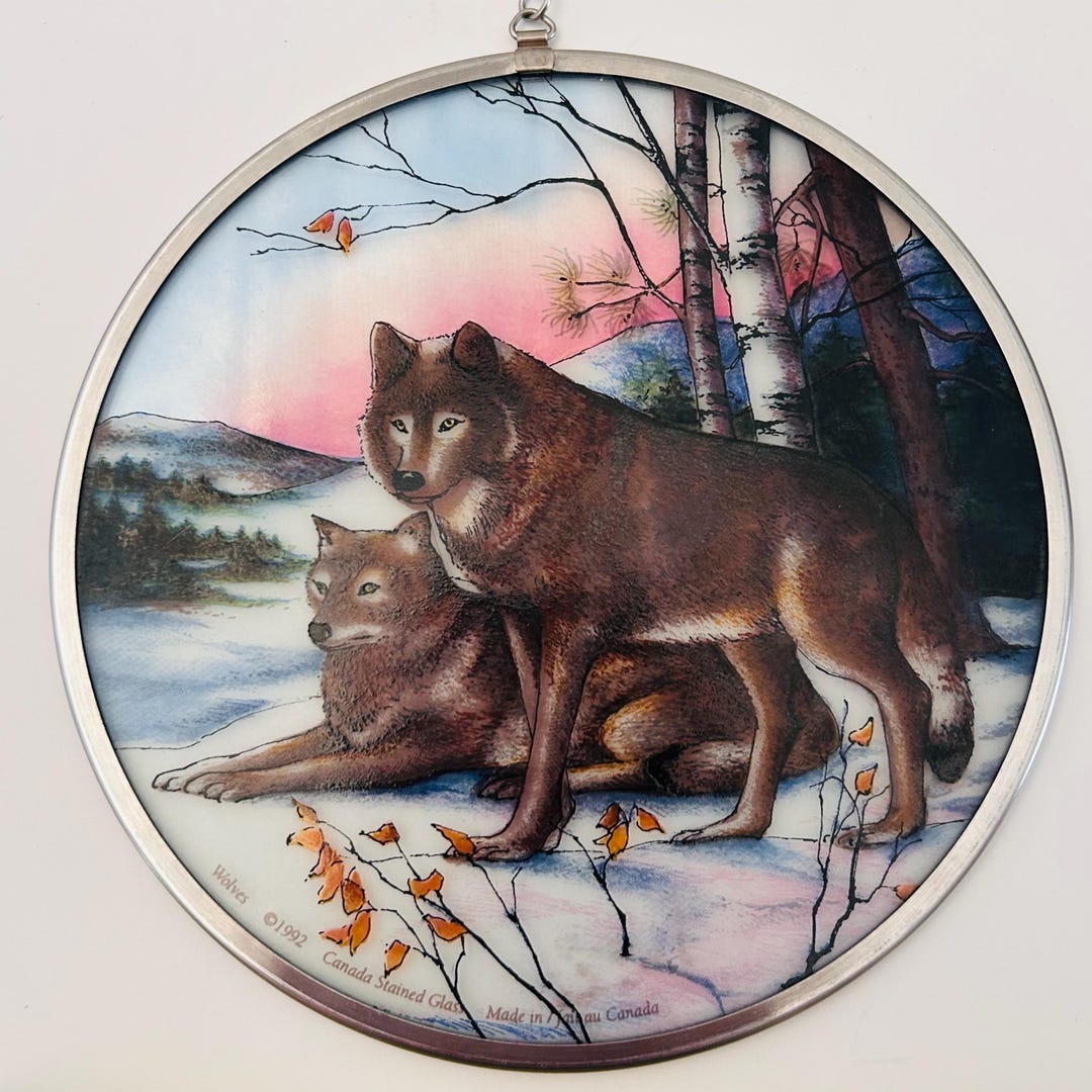 Vintage 1992 Wolves Stained/painted Glass Colourful Sun Catcher Glass ...