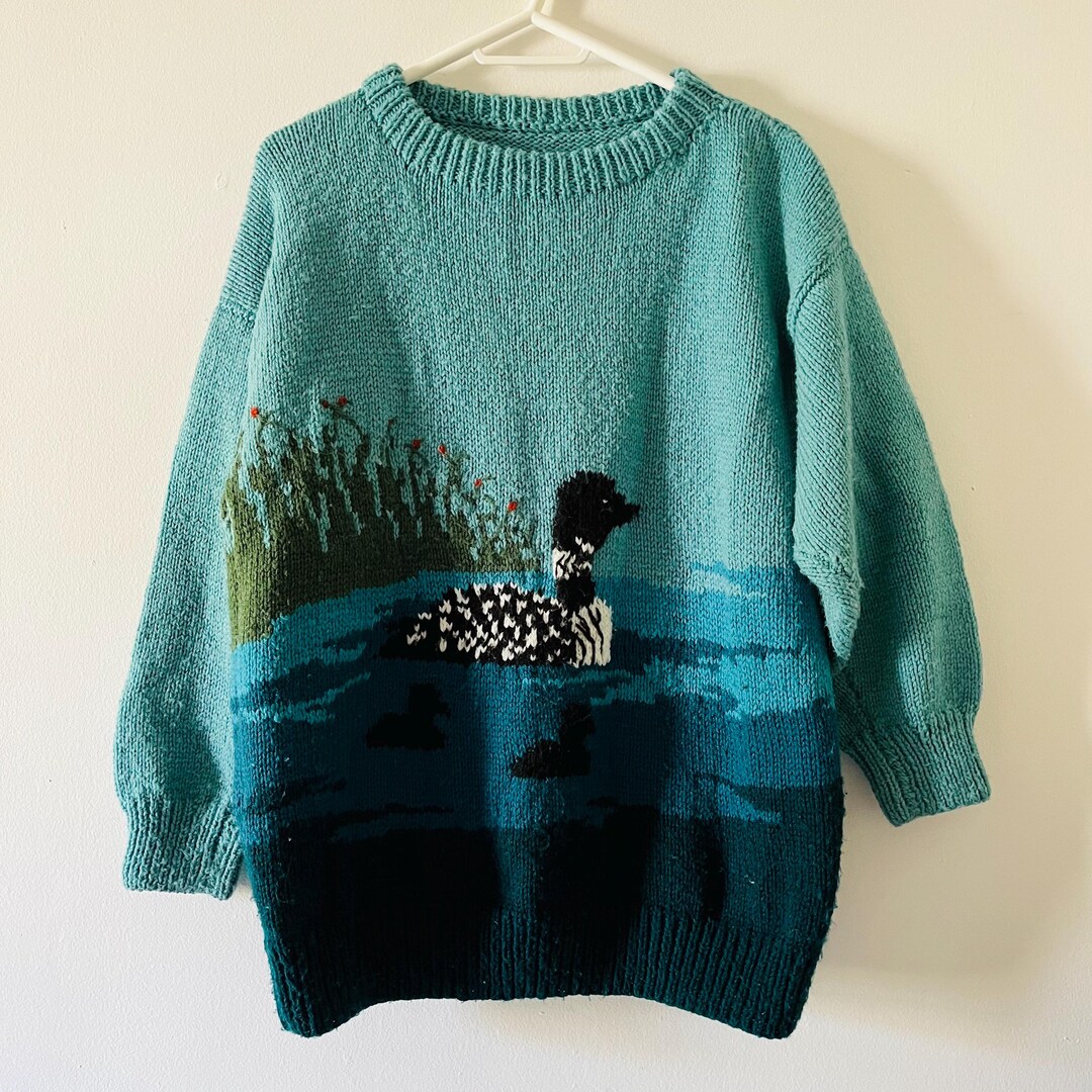Vintage Handmade Hand Knit Loon in the Marsh Wrap Around Pullover Knit ...