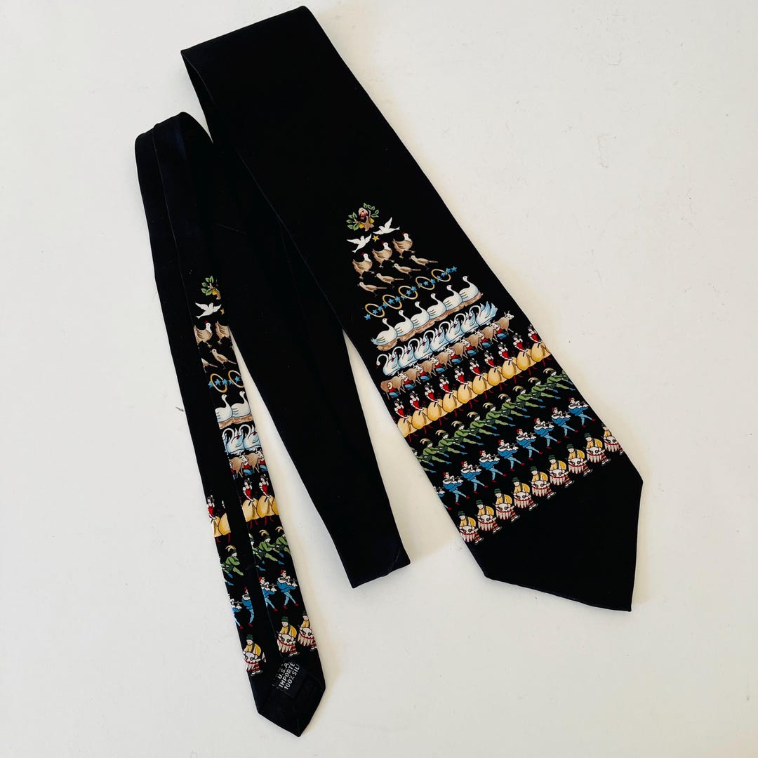 Vintage 12 Days of Christmas on Black 100% Silk Neck Tie Cravat Holiday ...
