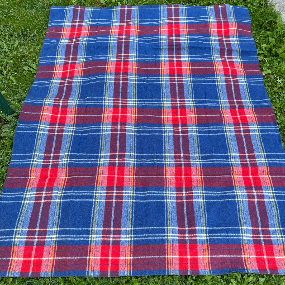 Vintage Wool Blanket Red and Blue Plaid 100% Virgin Made in USA Woolen ...
