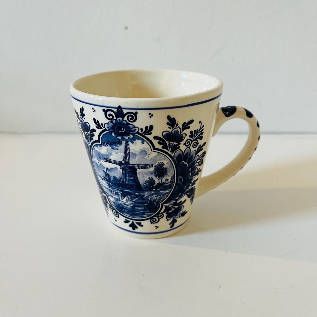 Vintage 1970's Delft Hand Painted Blue Dutch Floral Windmill Tea Mug ...