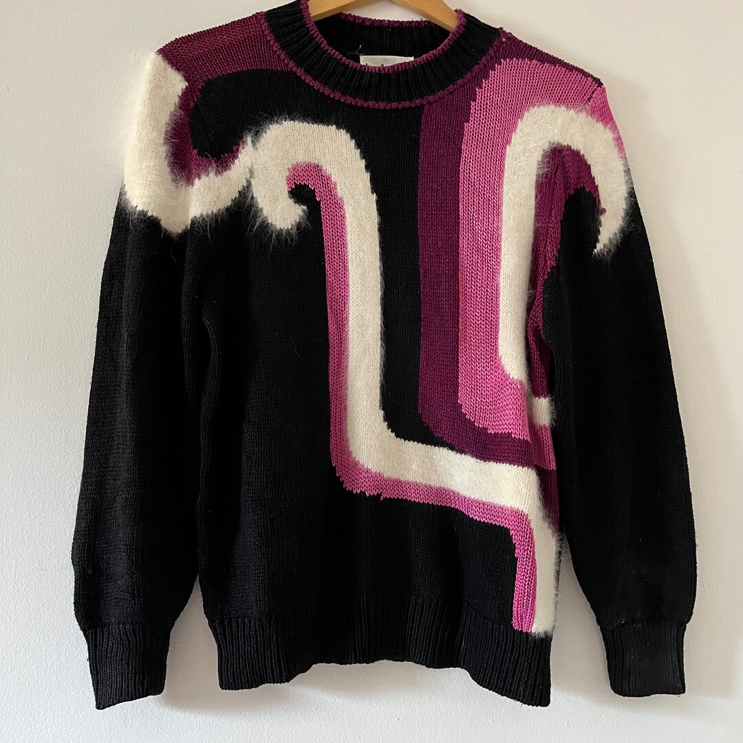 Vintage Glam 80s Lara Ferrante Black Purple White Abstract Angora Knit Sweater Size Medium - Etsy