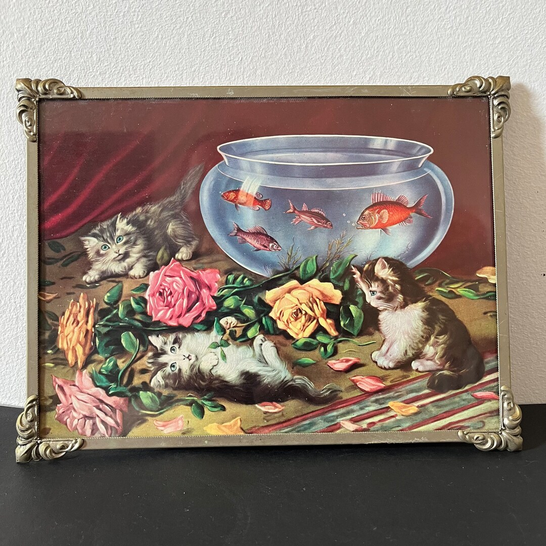 Vintage Framed Cats Kittens Roses and Fishbowl Art Artist Unknown ...