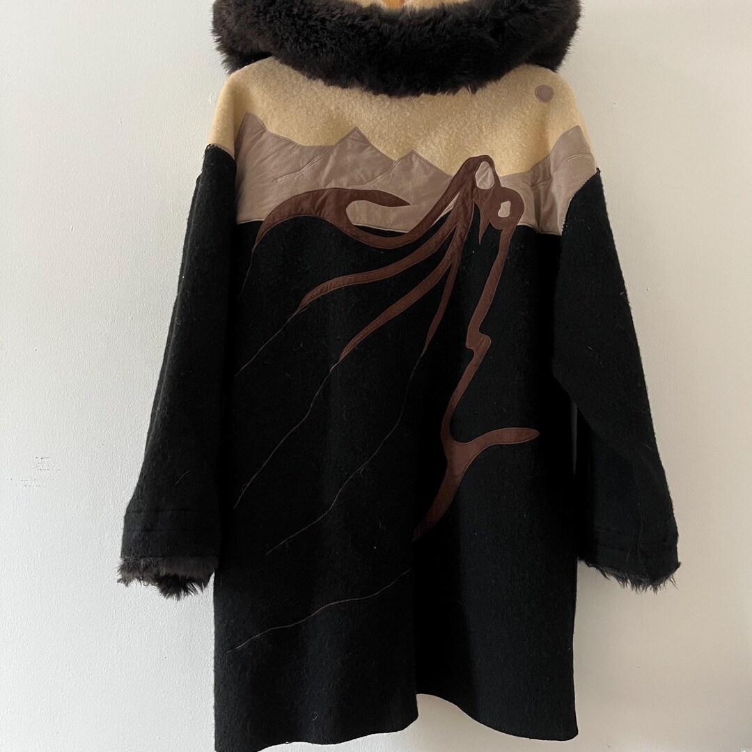 Vintage 1987 Linda Lundstrom Laparka 100% Wool Coat W/ Faux Fur Hood ...