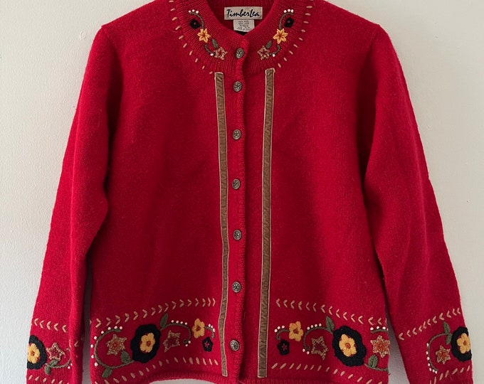 Vintage 1990s Timberlea 100% Pure Wool Knit Cardigan Sweater Red Floral ...