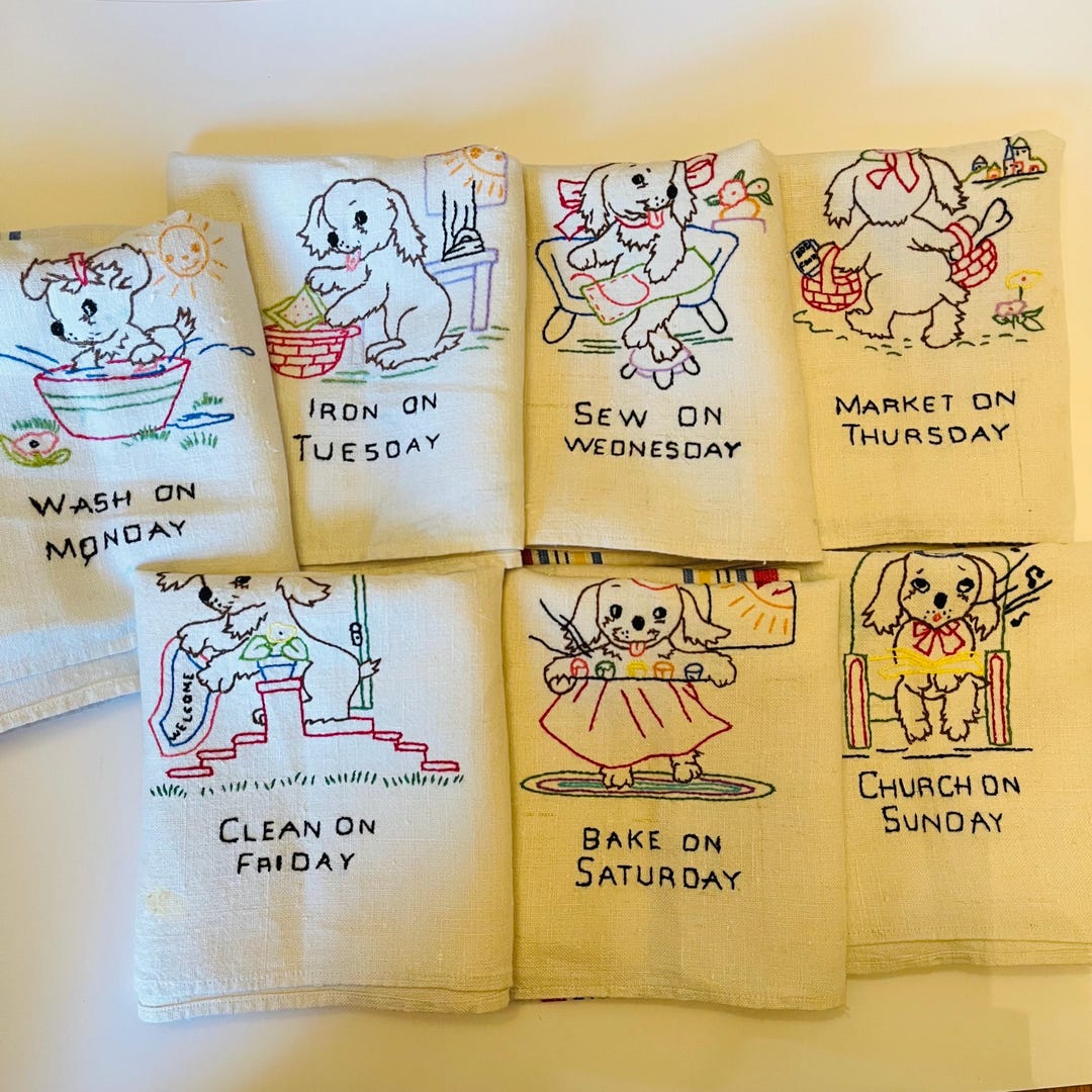 Vintage Hand Embroidered Days of the Week Dogs Linen Tea Towels Dish ...