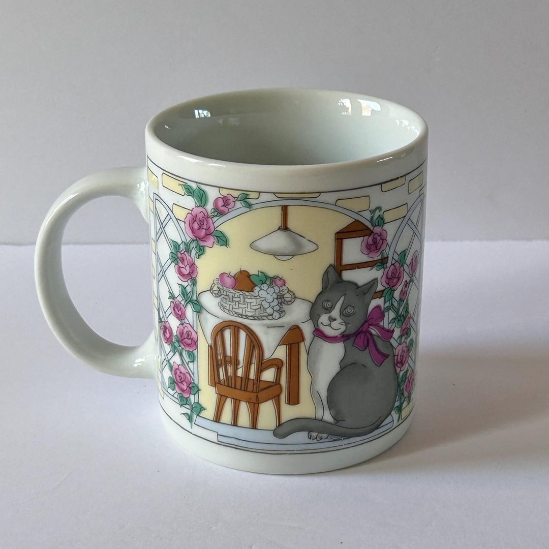 Vintage Miyazaki Create Boho Tuxedo Cat in Floral Window Coffee Cup Tea ...