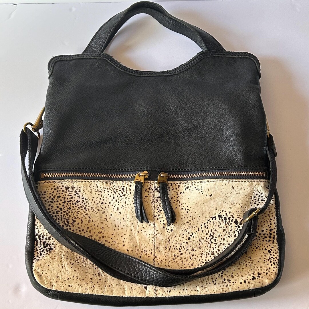 Vintage Fossil Sutter Black Leather Shoulder Bag Tote Handbag Satchel ...