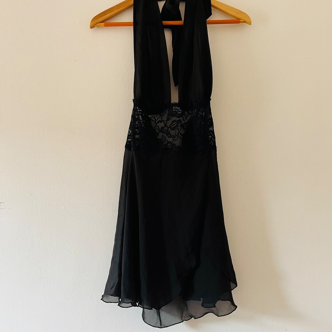 Vintage Black Nylon and Lace Sheer Nightgown Nightie Halter Style ...