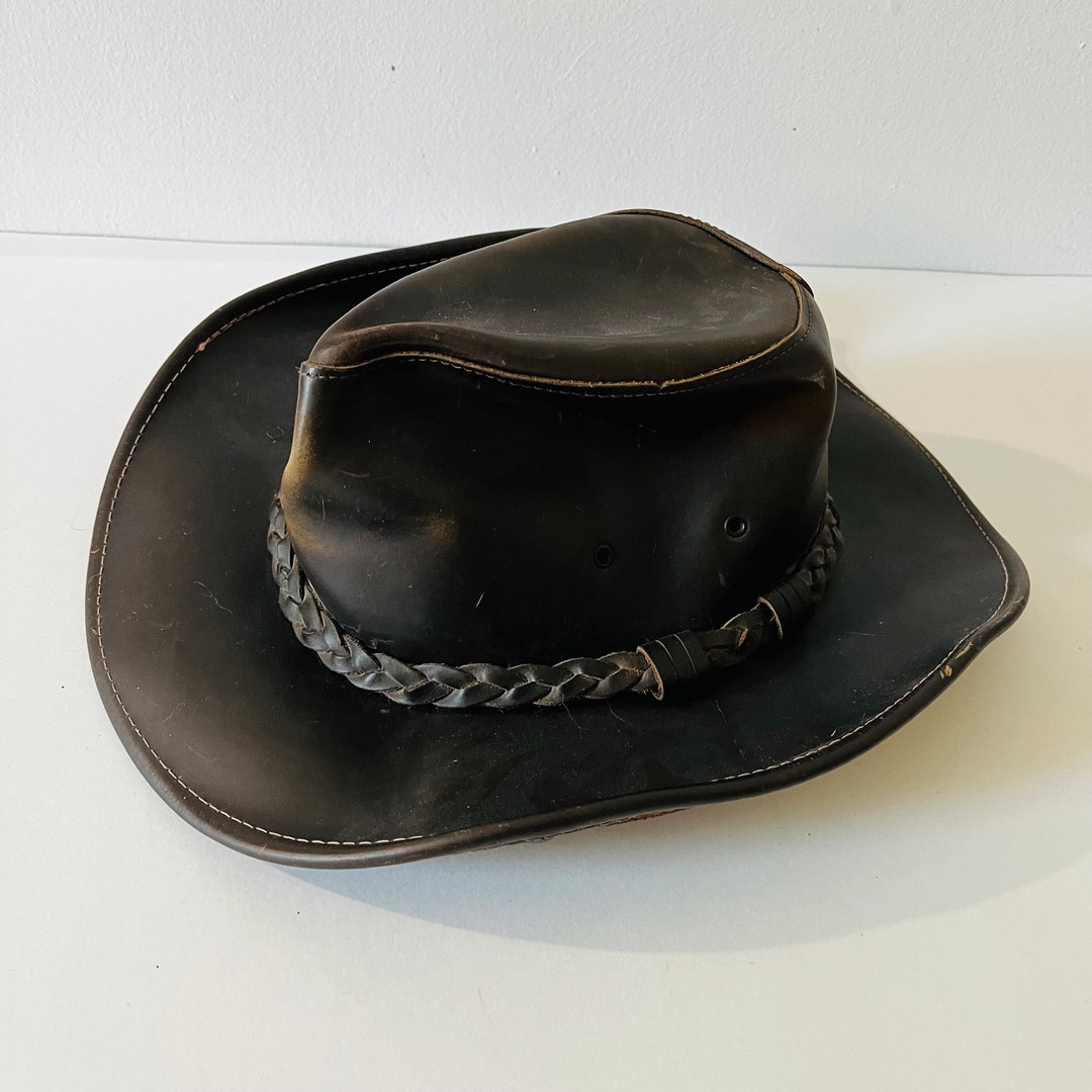 Vintage Leather Cowboy Hat Western Rancher Style Hat in Brown Leather ...