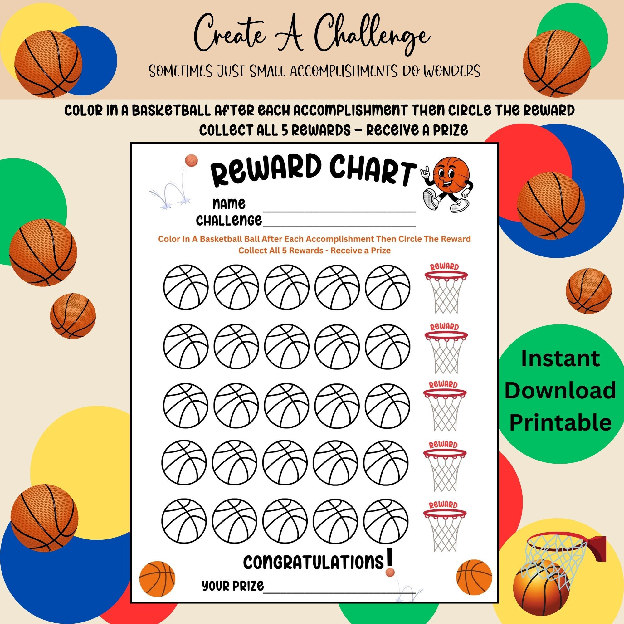 Basketball Reward Chart for Kids of All Ages. Set Goals With Your Child ...