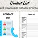 Editable Contact List Template Printable Contact Information List ...