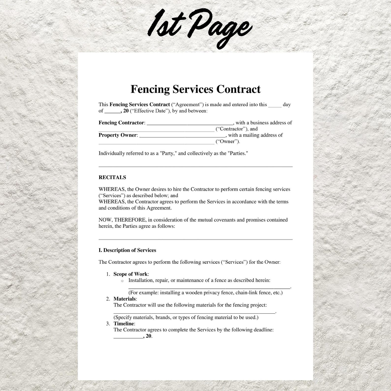Fence Installation Contract Template Editable Fencing Service Agreement ...