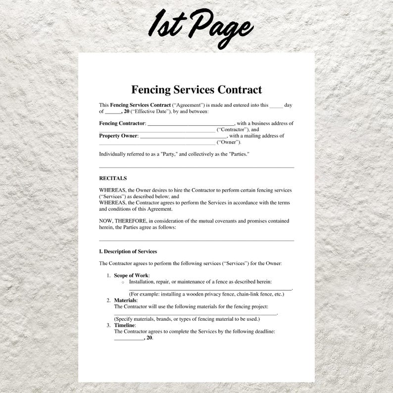 Fence Installation Contract Template Editable Fencing Service Agreement ...