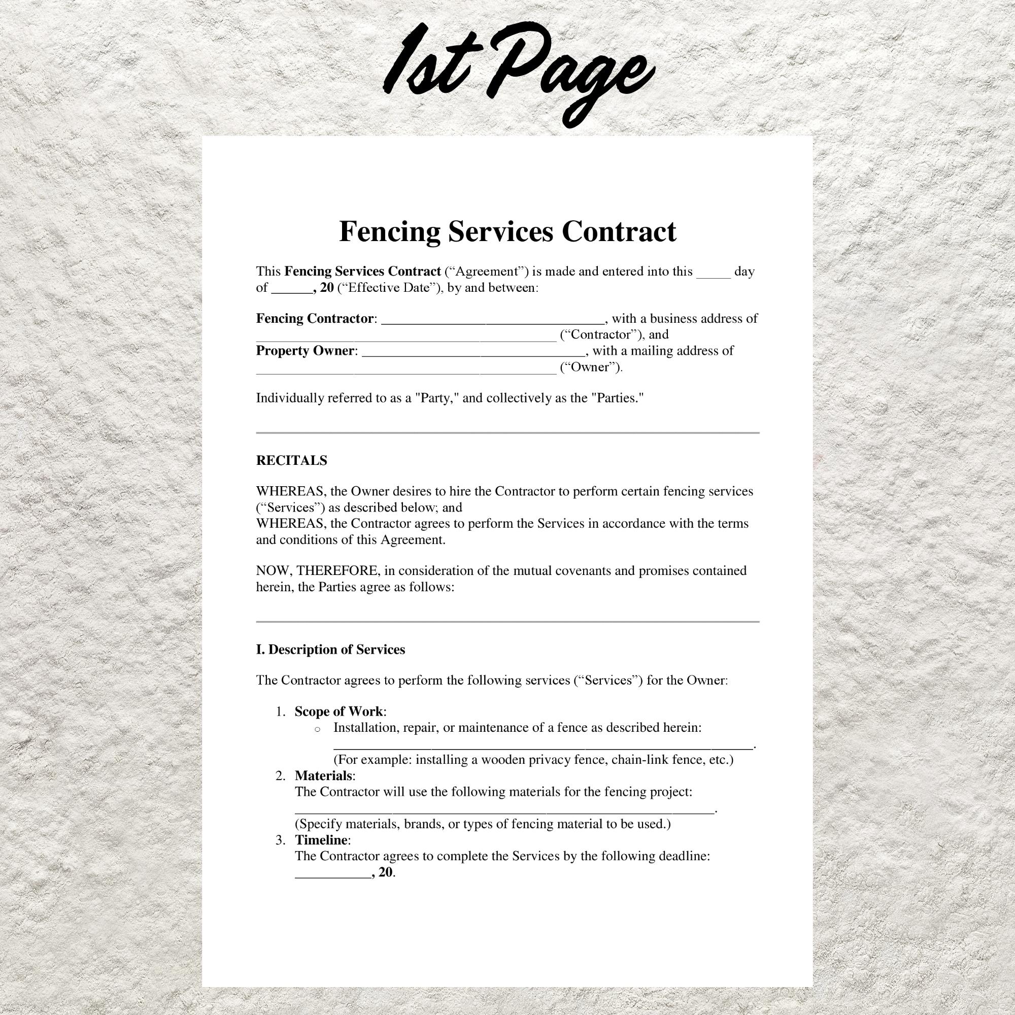 Fence Installation Contract Template Editable Fencing Service Agreement ...