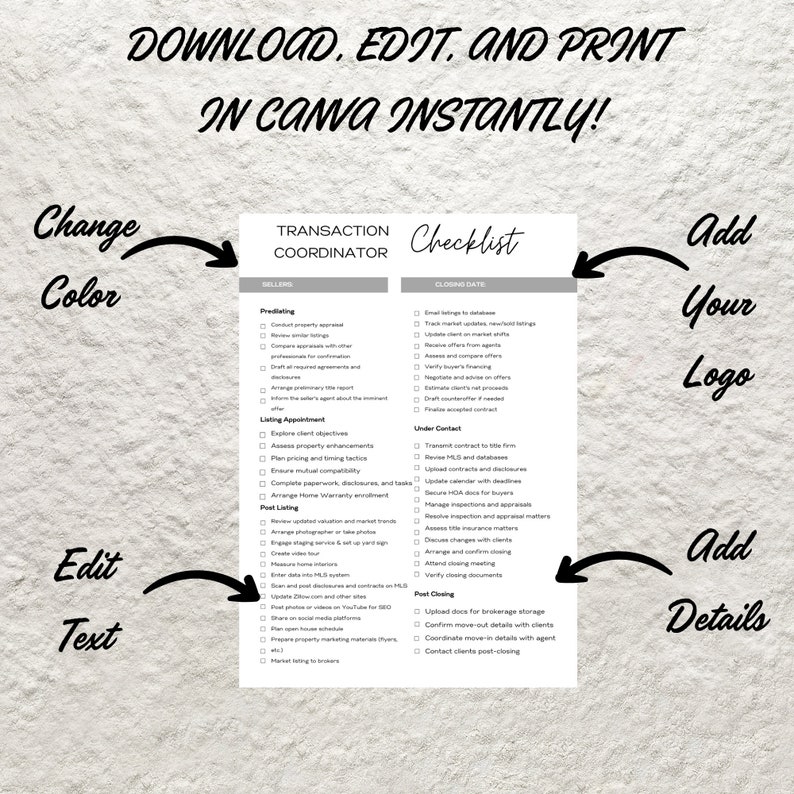 Real Estate Transaction Coordinator Checklist Template Editable ...
