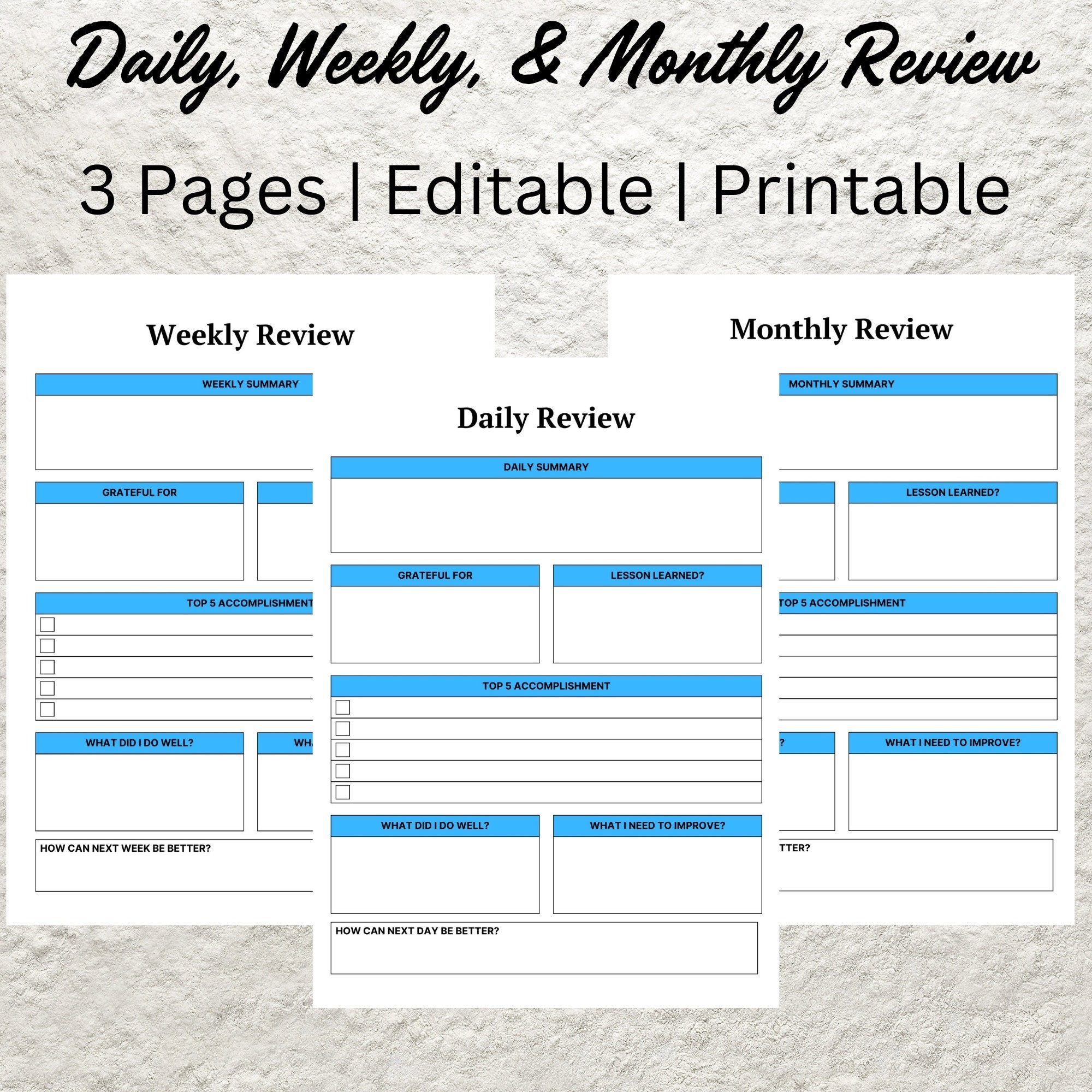 Daily Weekly Monthly Review Template Printable Daily Reflection Weekly ...
