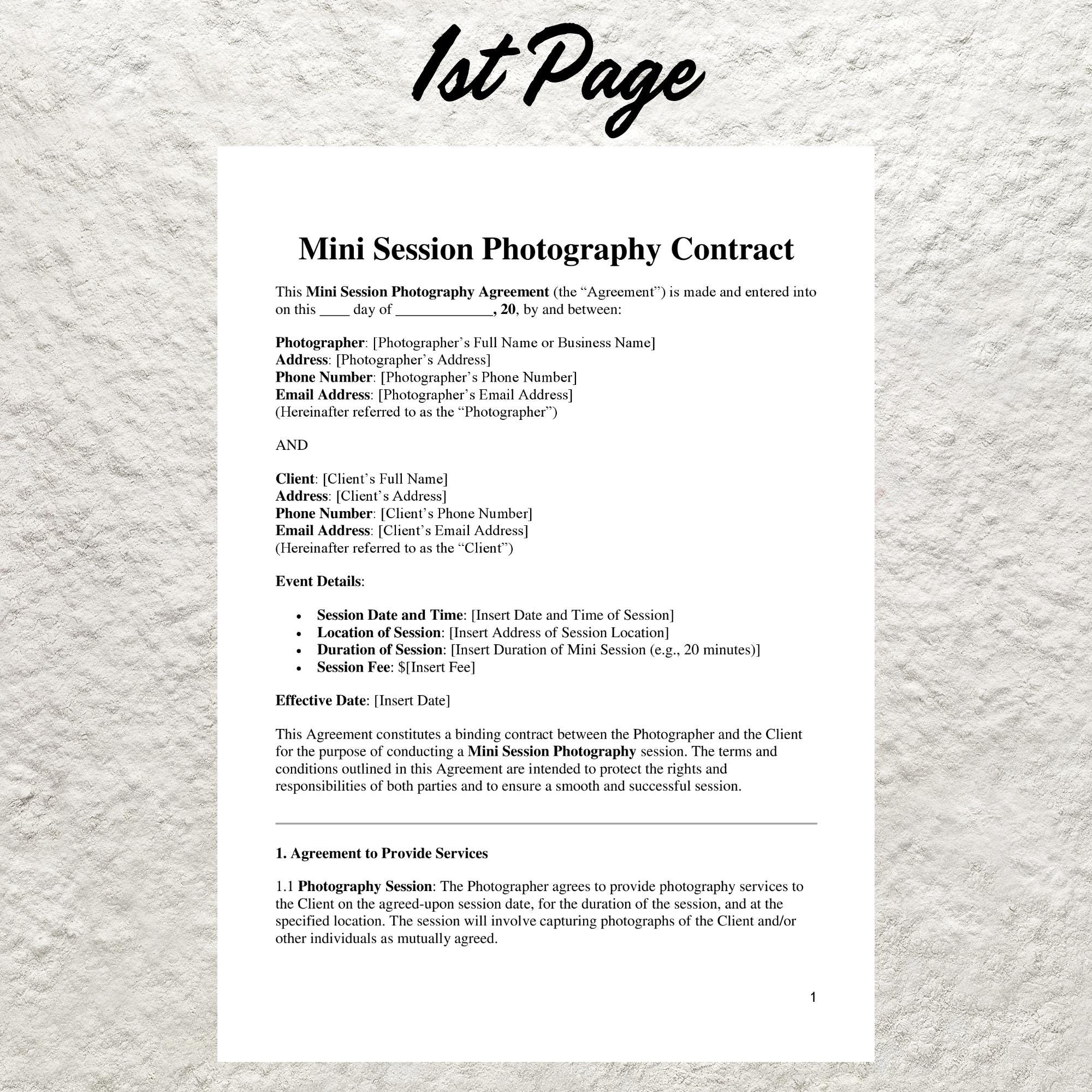 Mini Session Photography Contract Template: Editable Agreement (word ...