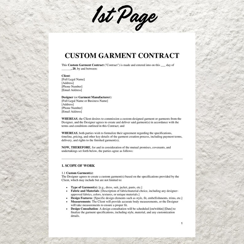 Custom Garment Contract Template: Editable Clothing Agreement (word ...