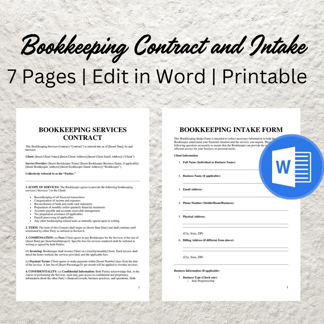 Bookkeeping Service Contract Editable Freelance Bookkeeper Intake ...