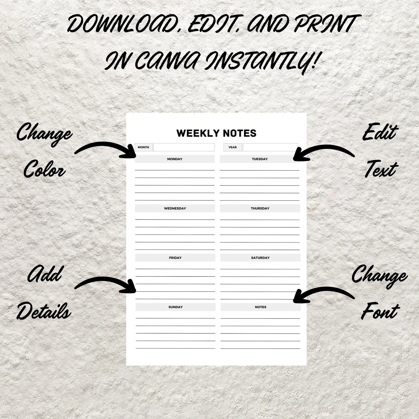 Printable Weekly Notes Template Editable Weekly Planner Weekly to Do ...