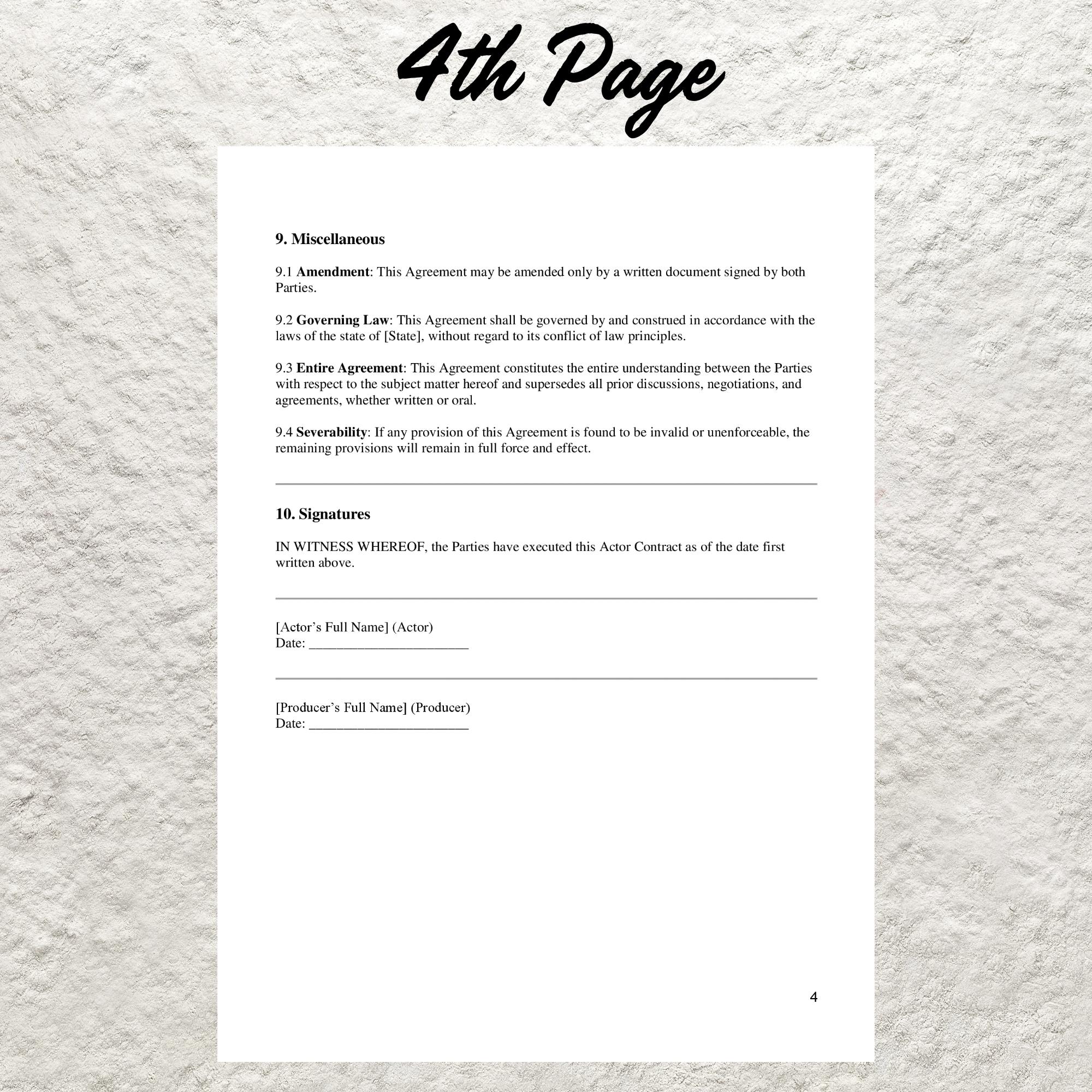 Professional Actor Contract Template Editable Actor Agreement Printable ...