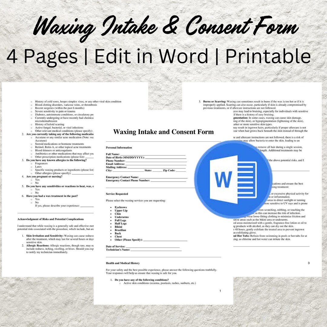 Waxing Client Intake Form: Editable Consent & Liability Waiver ...