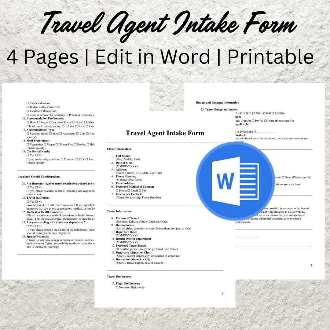 Travel Agent Client Intake Form Template Editable Client Travel Inquiry ...
