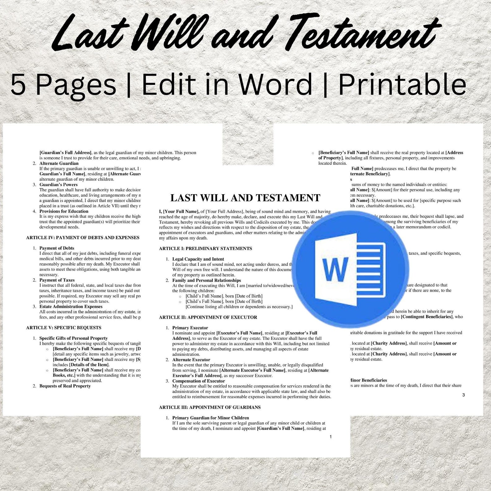 Last Will and Testament Template: Editable Legal Document (word ...