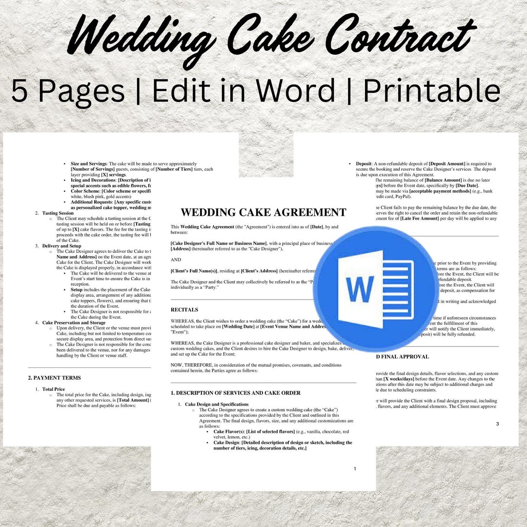 Wedding Cake Contract Template Editable Wedding Cake Order Printable ...