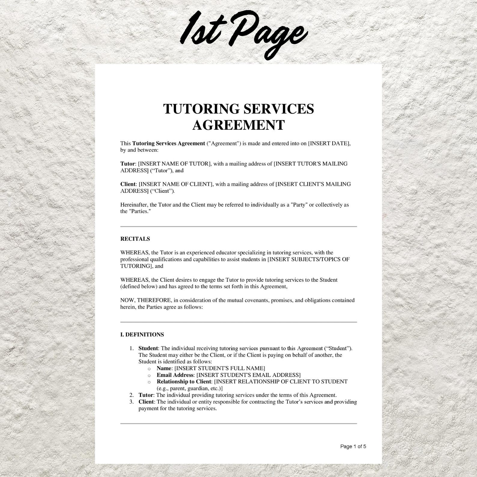 Editable Tutoring Service Agreement Template: Tutor Contract (word ...