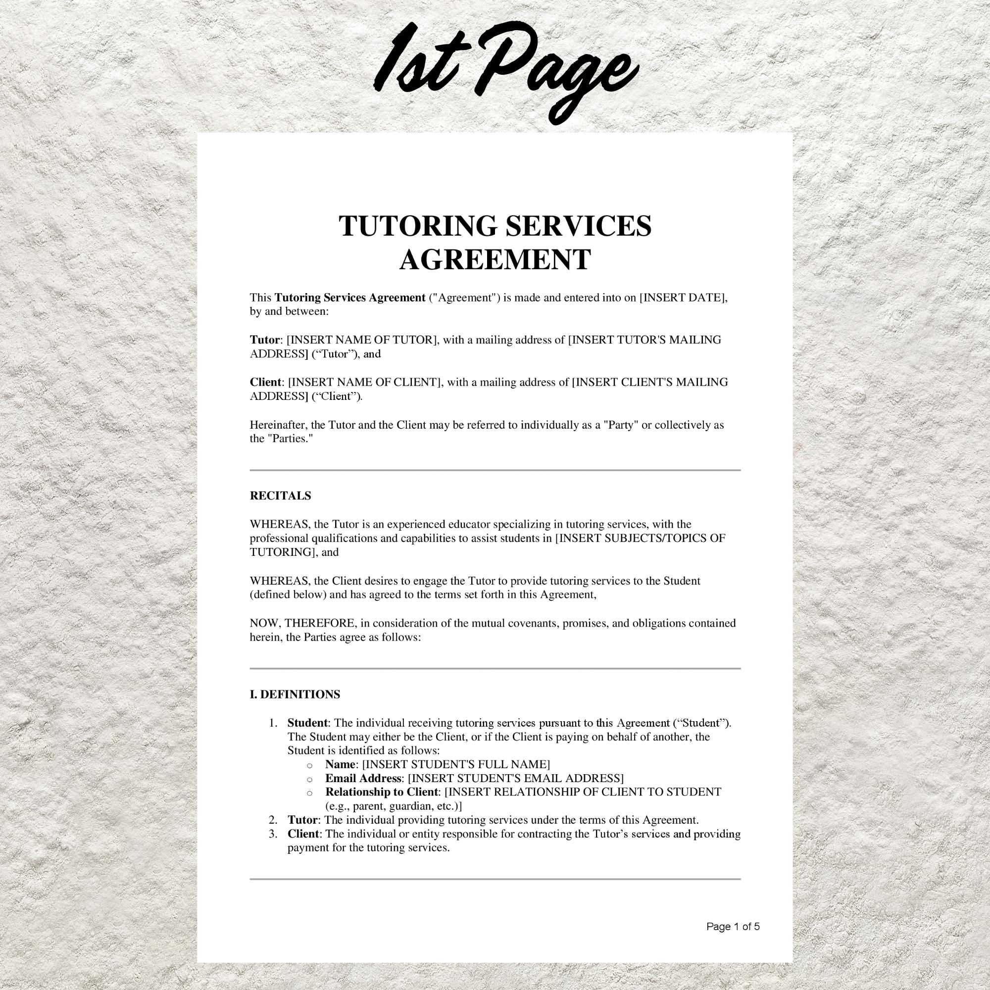 Editable Tutoring Service Agreement Template: Tutor Contract (word ...