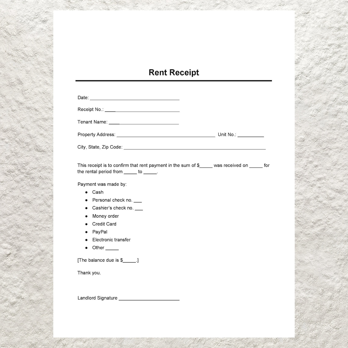 Landlord Rent Receipt Template Tenant Rental Receipt Rent Payment ...