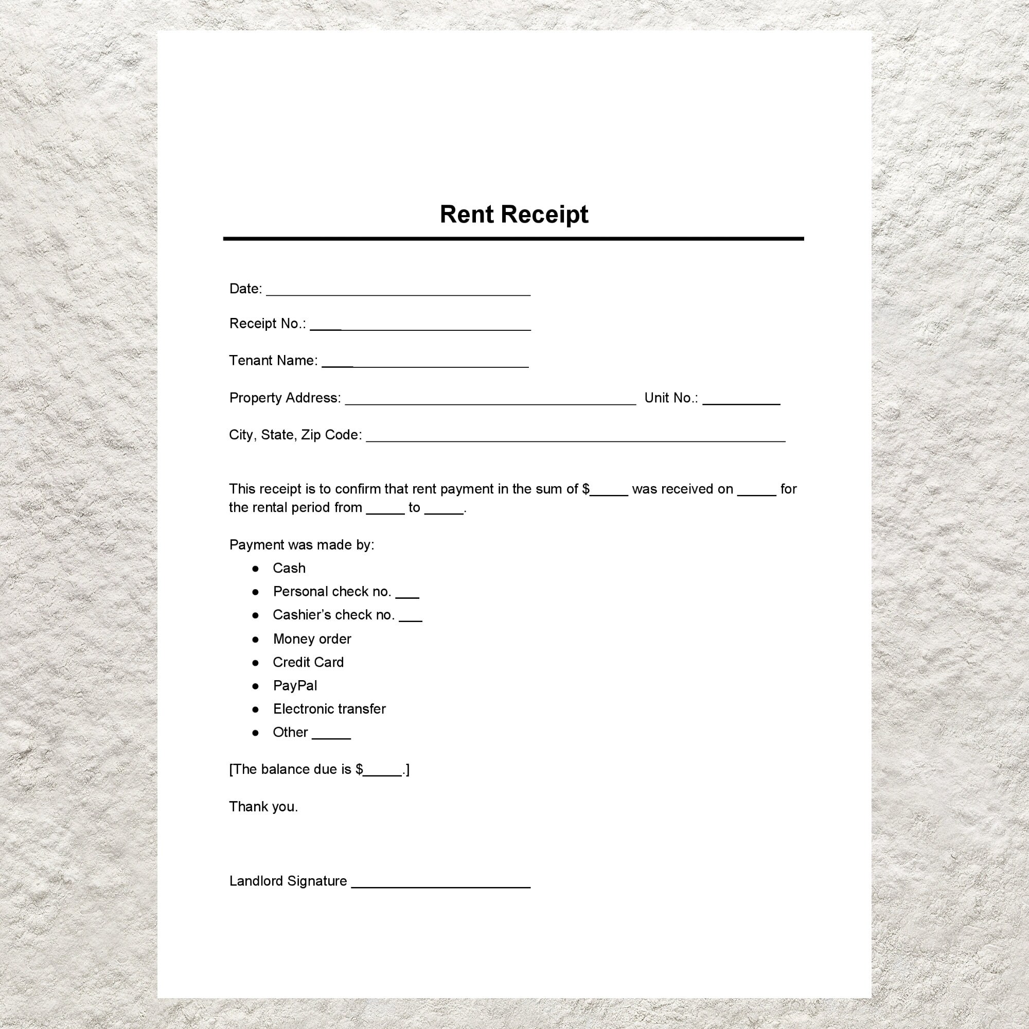 Landlord Rent Receipt Template Tenant Rental Receipt Rent Payment ...