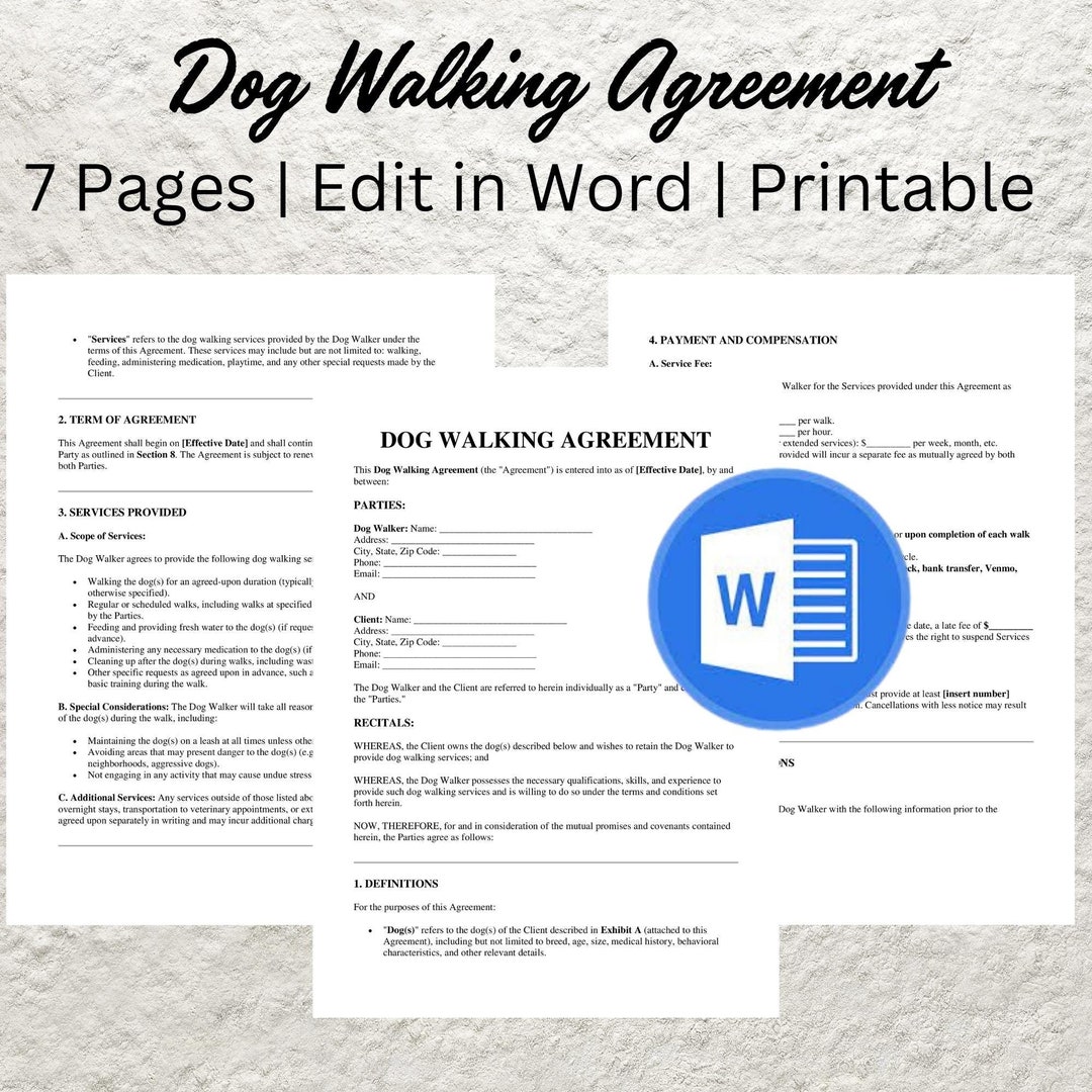 Dog Walking Contract Template: Editable Pet Sitter Service Agreement ...