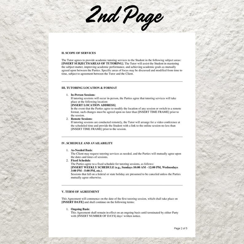 Editable Tutoring Service Agreement Template: Tutor Contract (word ...