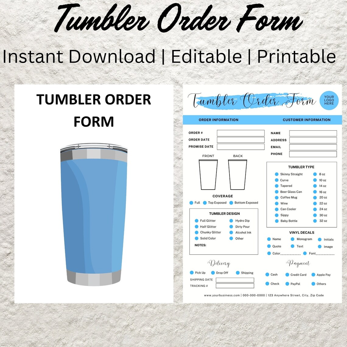 Editable Tumbler Order Form Template Printable Custom Tumbler Order ...