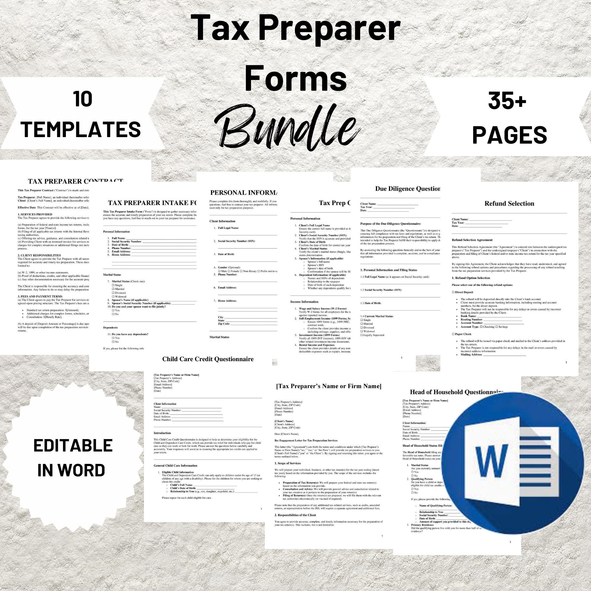 Tax Preparer Forms Bundle: Editable Client Intake Templates (PDF Kit ...