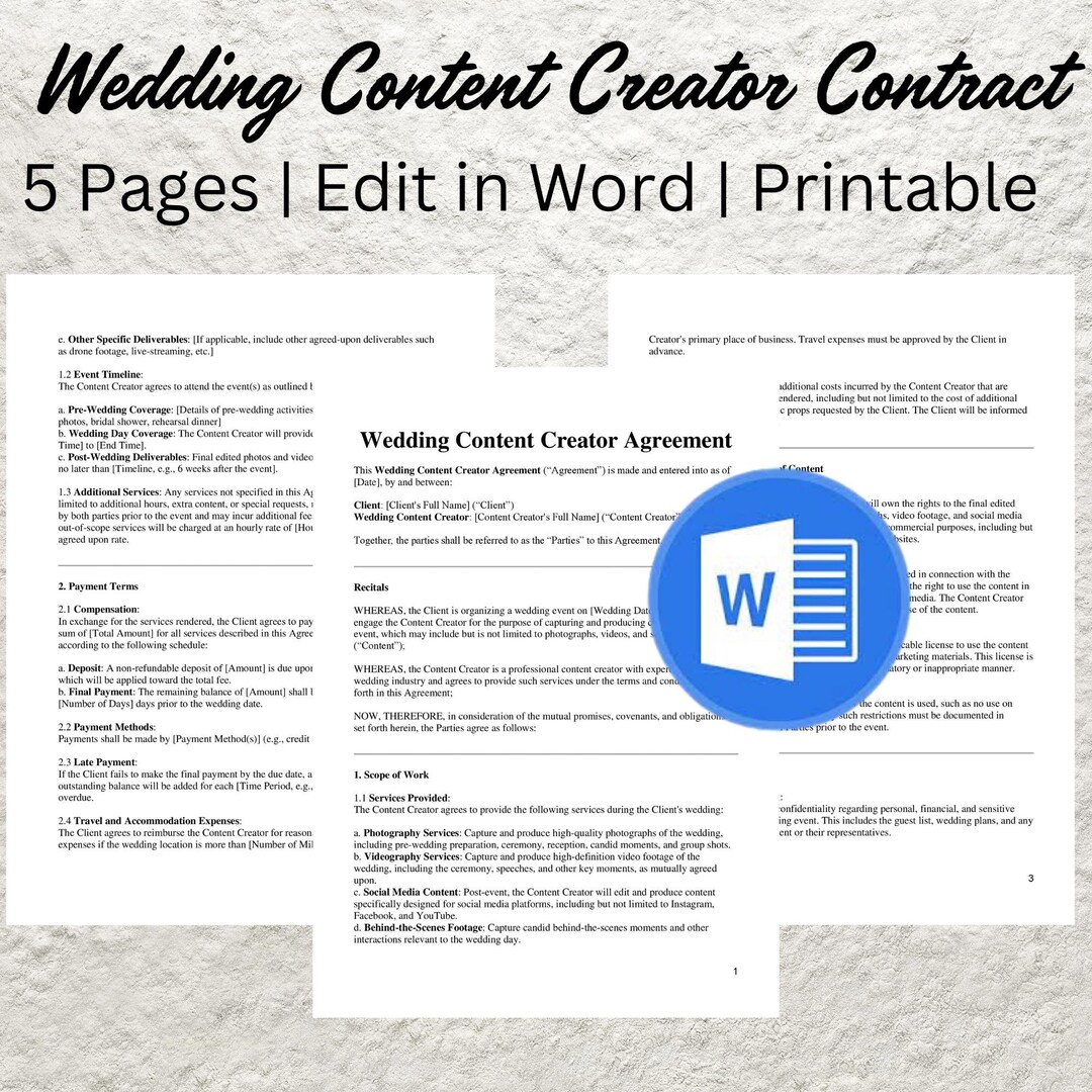 Wedding Content Creator Contract Template Editable Services Agreement ...