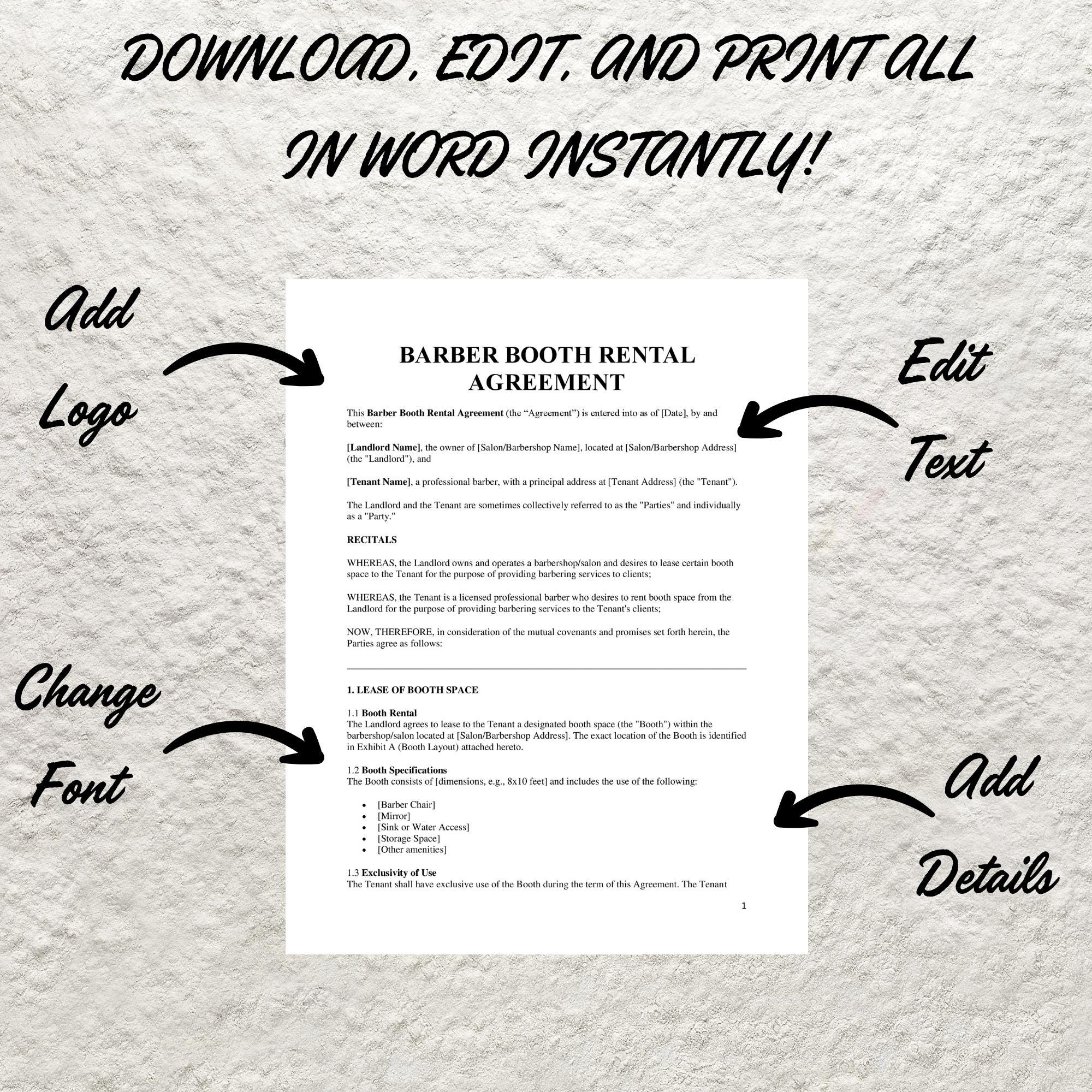 Barber Booth Rental Agreement Template: Editable Contract (word ...