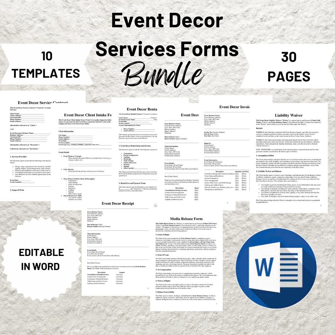 Event Decor Forms Bundle: Editable Contracts, Intake, & Rental ...