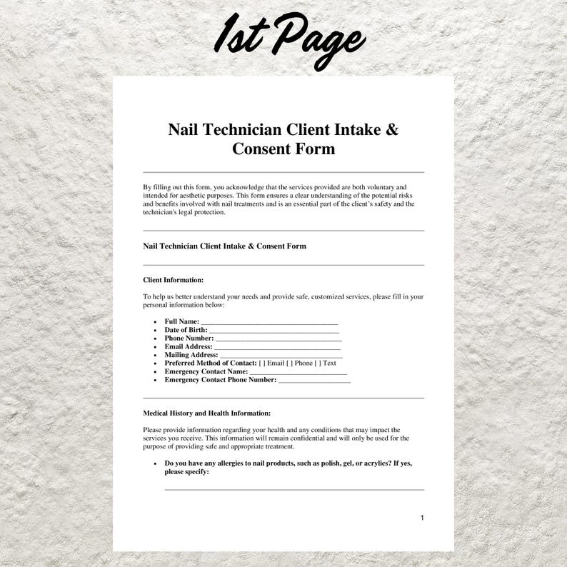 Nail Consent Form Template Editable Nail Technician Client Intake Form Printable Nail Tech ...