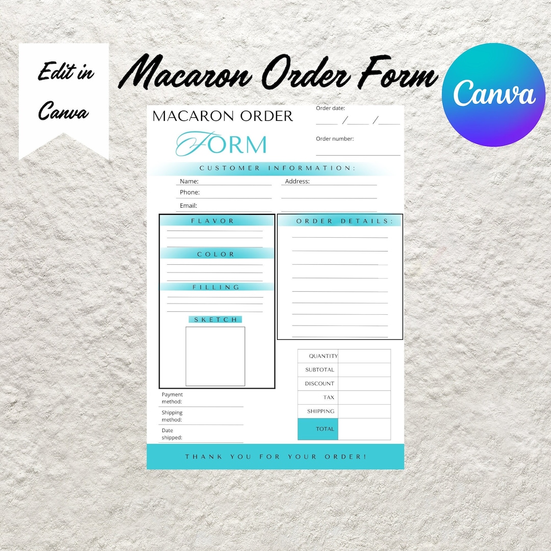 Macaron Order Form Sheet Canva Template Editable Bakery Macarons Form ...