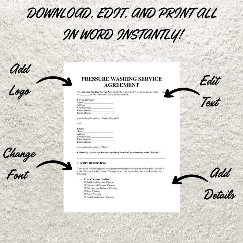 Pressure Washing Contract Template Editable Pressure Cleaning Agreement ...