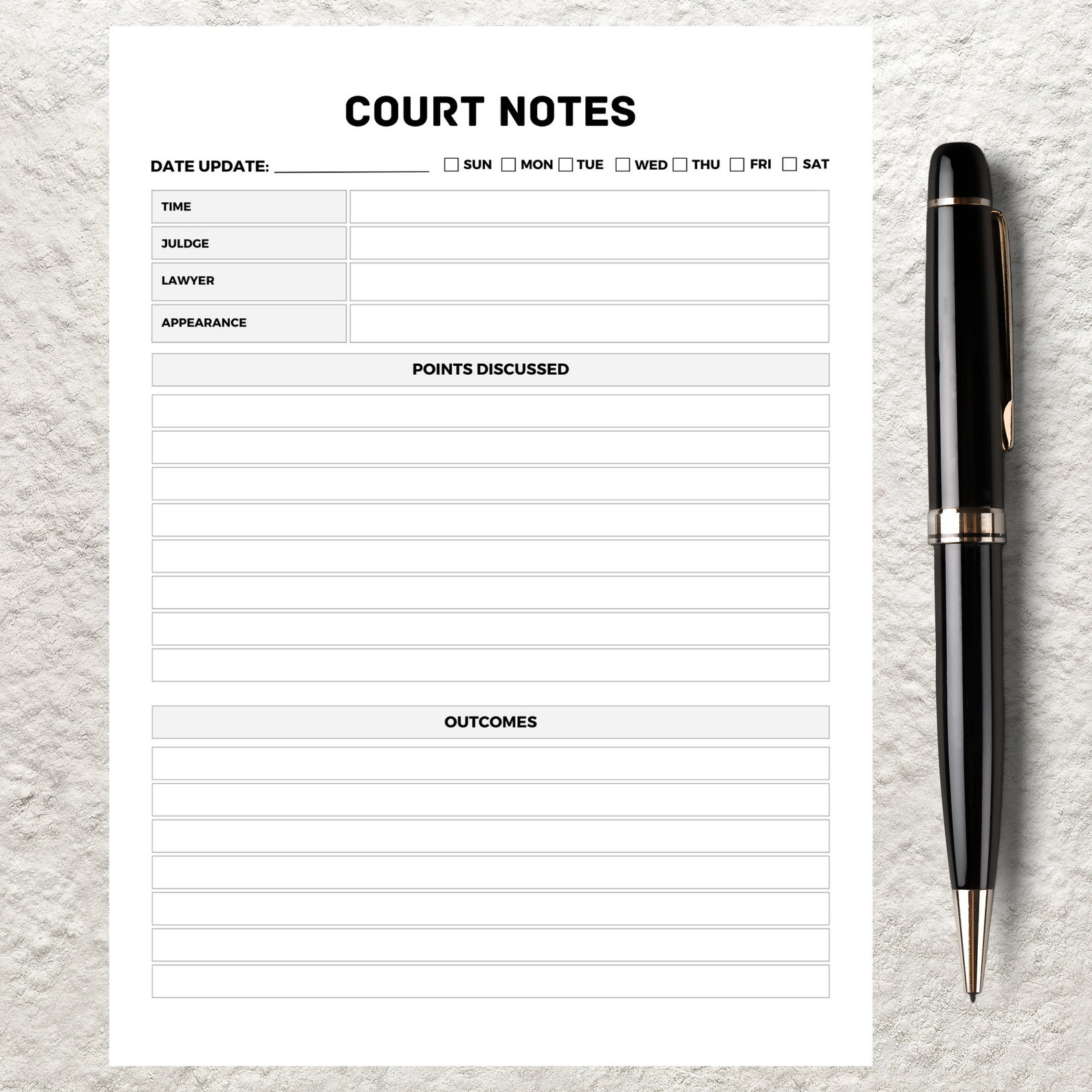 Printable Court Notes Template Court Battle Record Notes Court Case ...