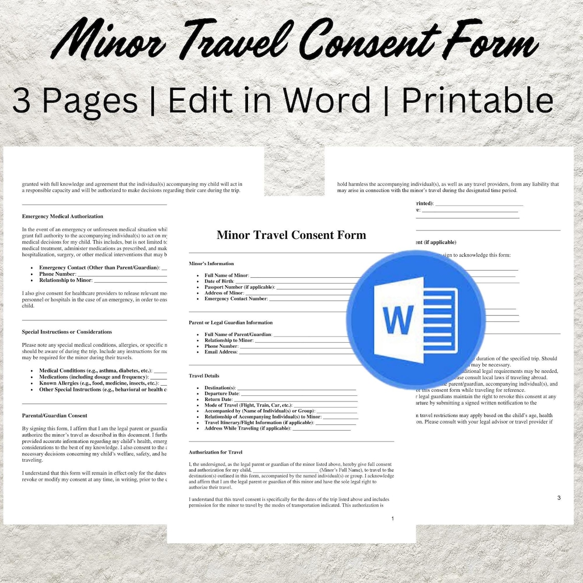 Editable Minor Travel Consent Form: Child Travel Authorization ...