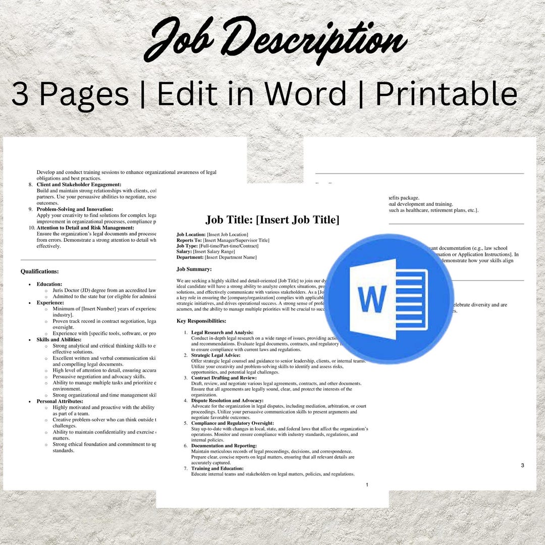 Job Description Template Editable Employee Job Description Printable ...